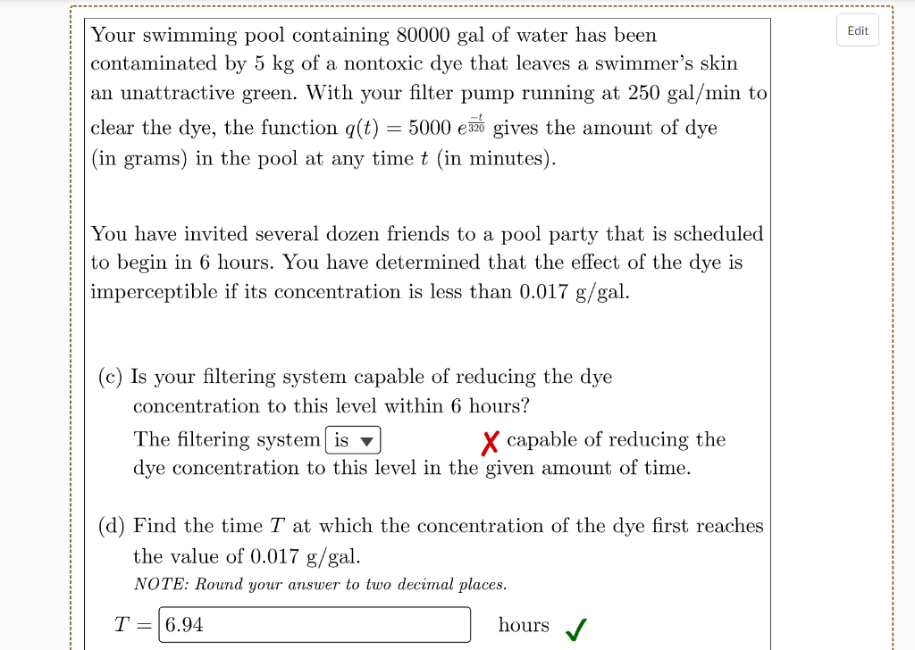 Solved Edit Your swimming pool containing 80000 gal of water | Chegg.com