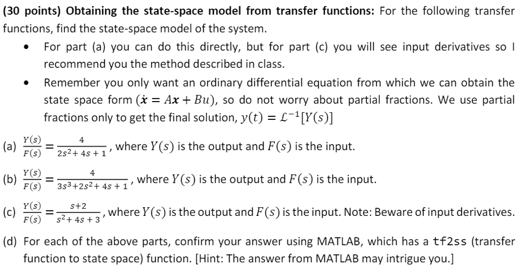 (30 points) Obtaining the state-space model from | Chegg.com