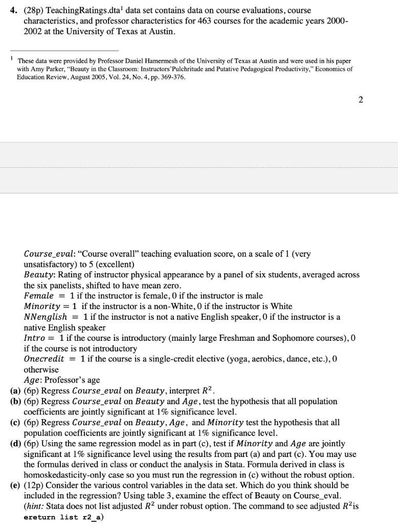 4. (28p) TeachingRatings.dta 1 data set contains data | Chegg.com
