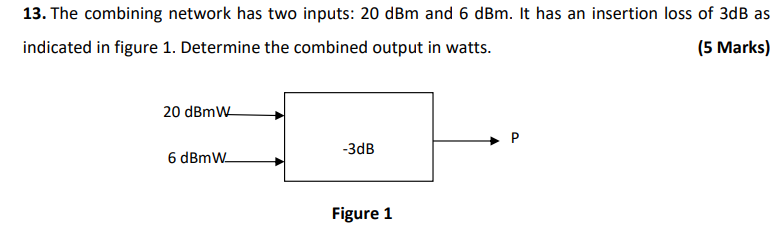 Solved 13. The combining network has two inputs: 20 dBm and | Chegg.com