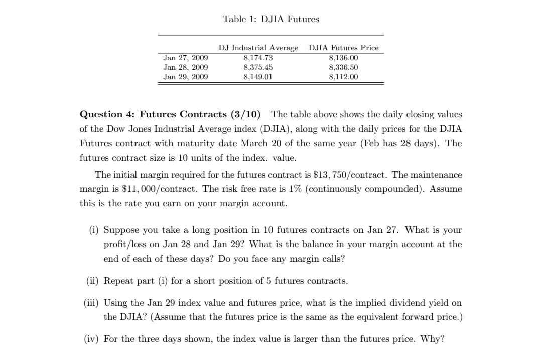 Solved Table 1: DJIA Futures Question 4: Futures Contracts | Chegg.com