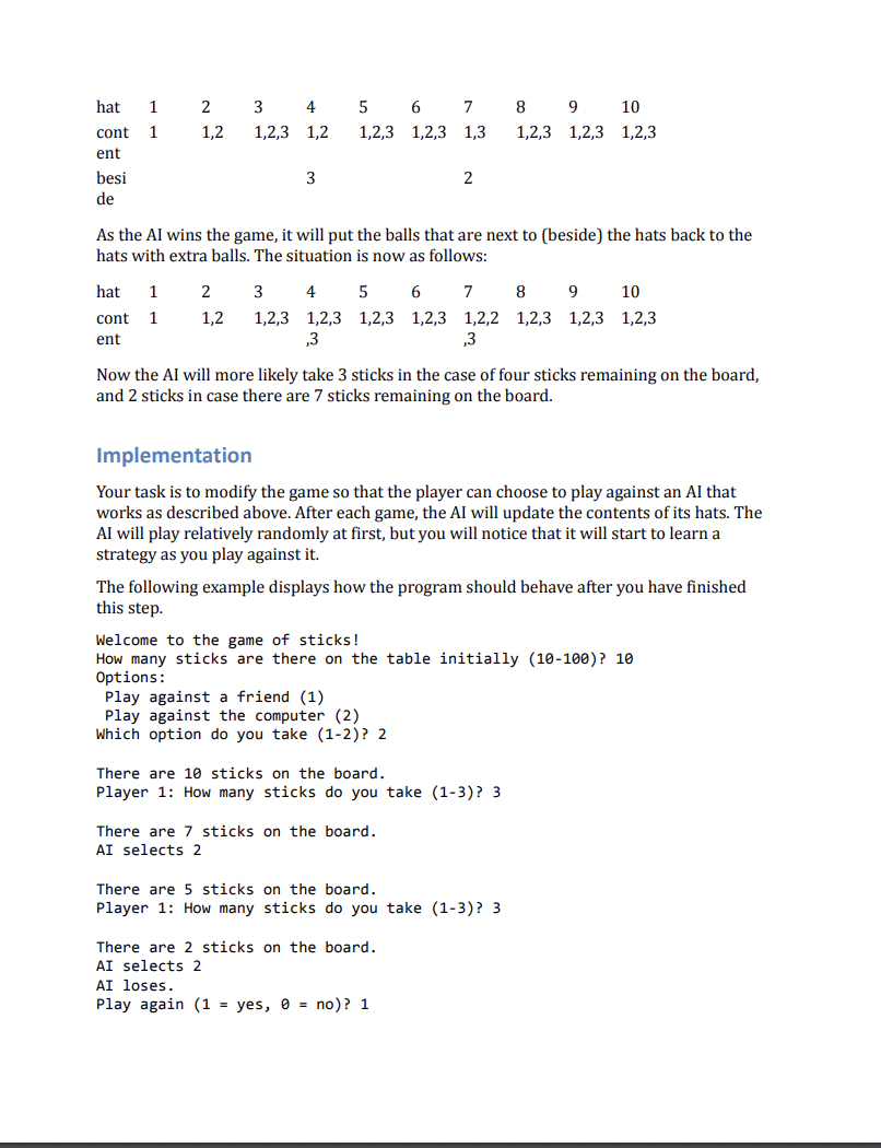 Solved Computational Problem: Game of Sticks AI In the game | Chegg.com