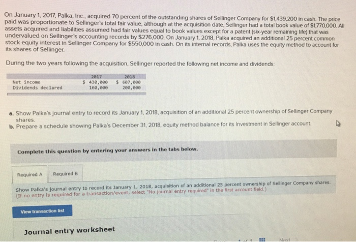 Solved On January 1, 2017, Palka, Inc, acquired 70 percent | Chegg.com