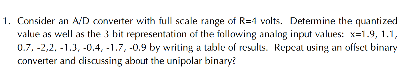 Solved 1. Consider an A/D converter with full scale range of | Chegg.com