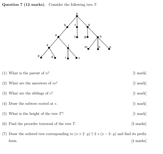 Solved Question 7 (12 marks). Consider the following tree T. | Chegg.com