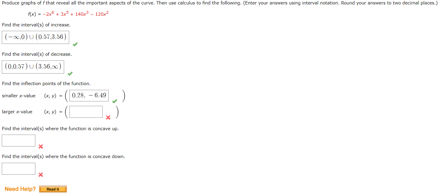 Solved f(x)=-2x6+3x5+140x3-120x2Find the interval(s) ﻿of | Chegg.com