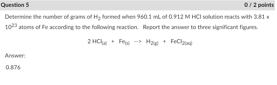 Solved Determine the number of grams of H2 formed when 960.1 | Chegg.com