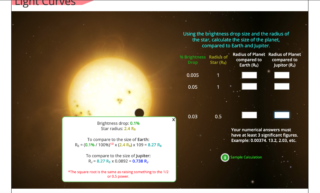 Solved Curves Using the brightness drop size and the radius | Chegg.com