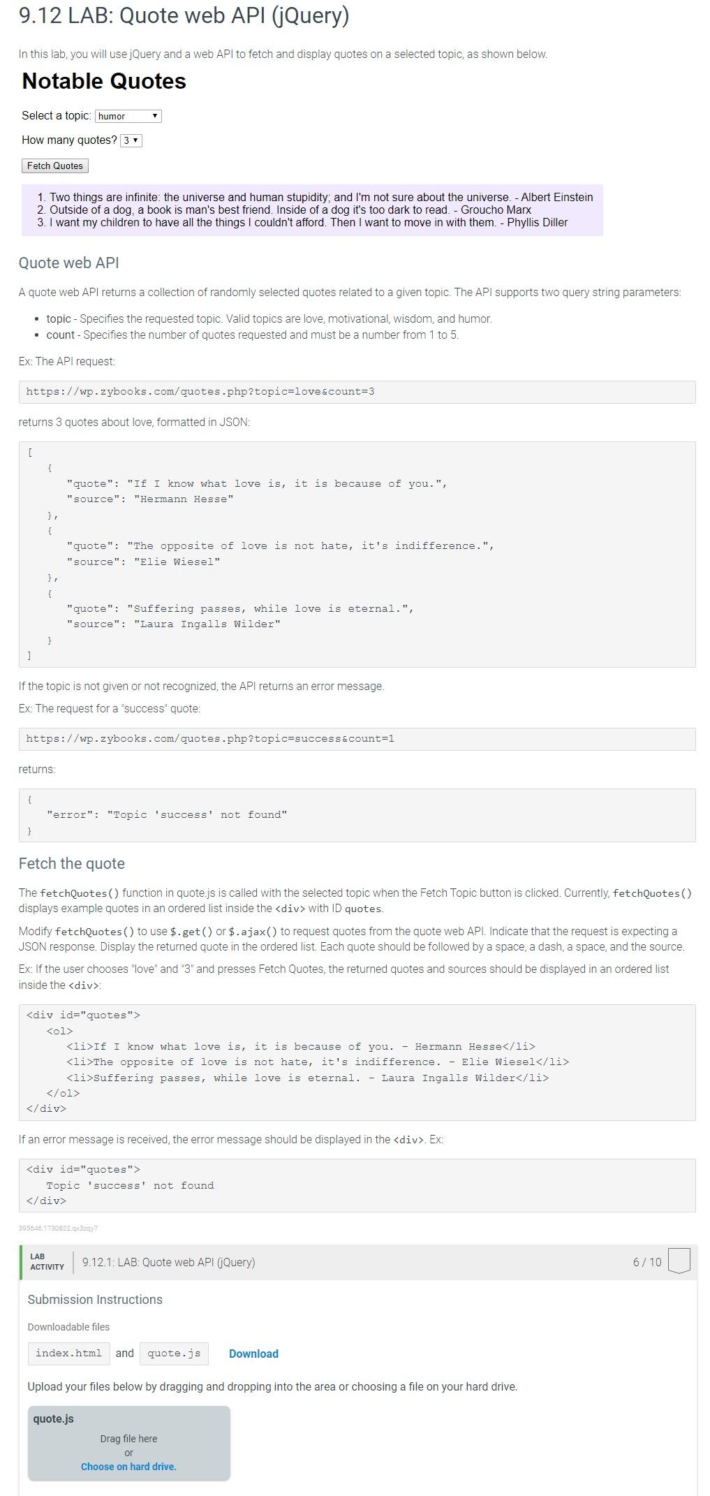 9.12 LAB: Quote web API (jQuery) In this lab, you | Chegg.com