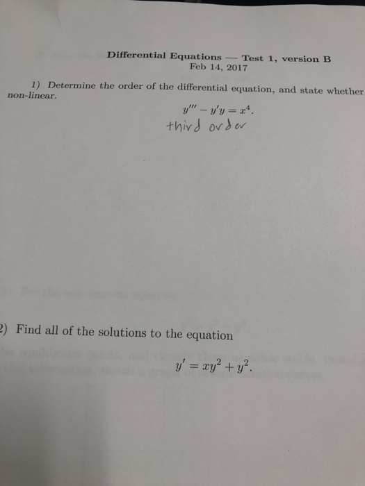 Solved Differential Equations -Test 1, version B Feb 14, | Chegg.com