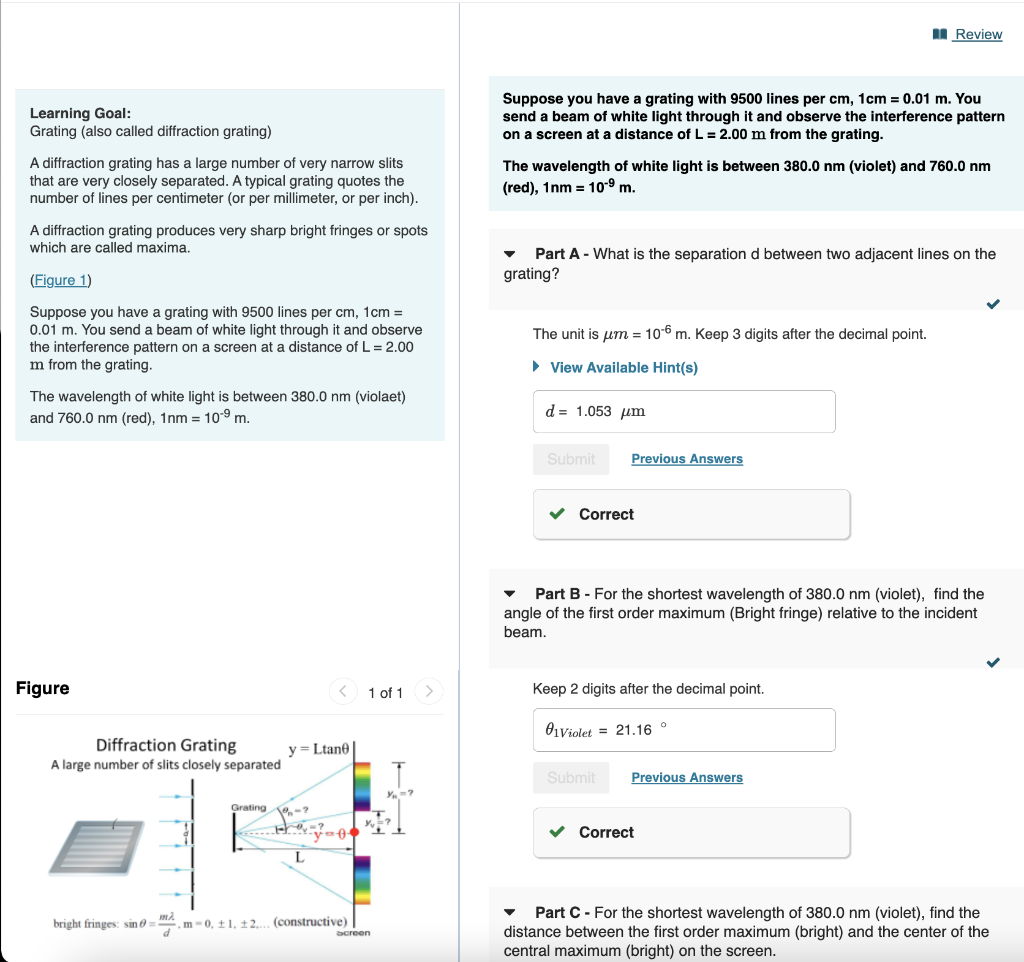 Solved A diffraction grating produces very sharp bright | Chegg.com