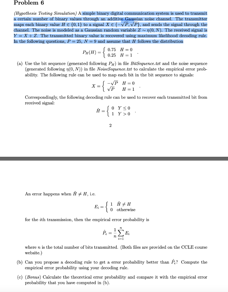 Problem 6 { (Hypothesis Testing Simulation) A simple | Chegg.com