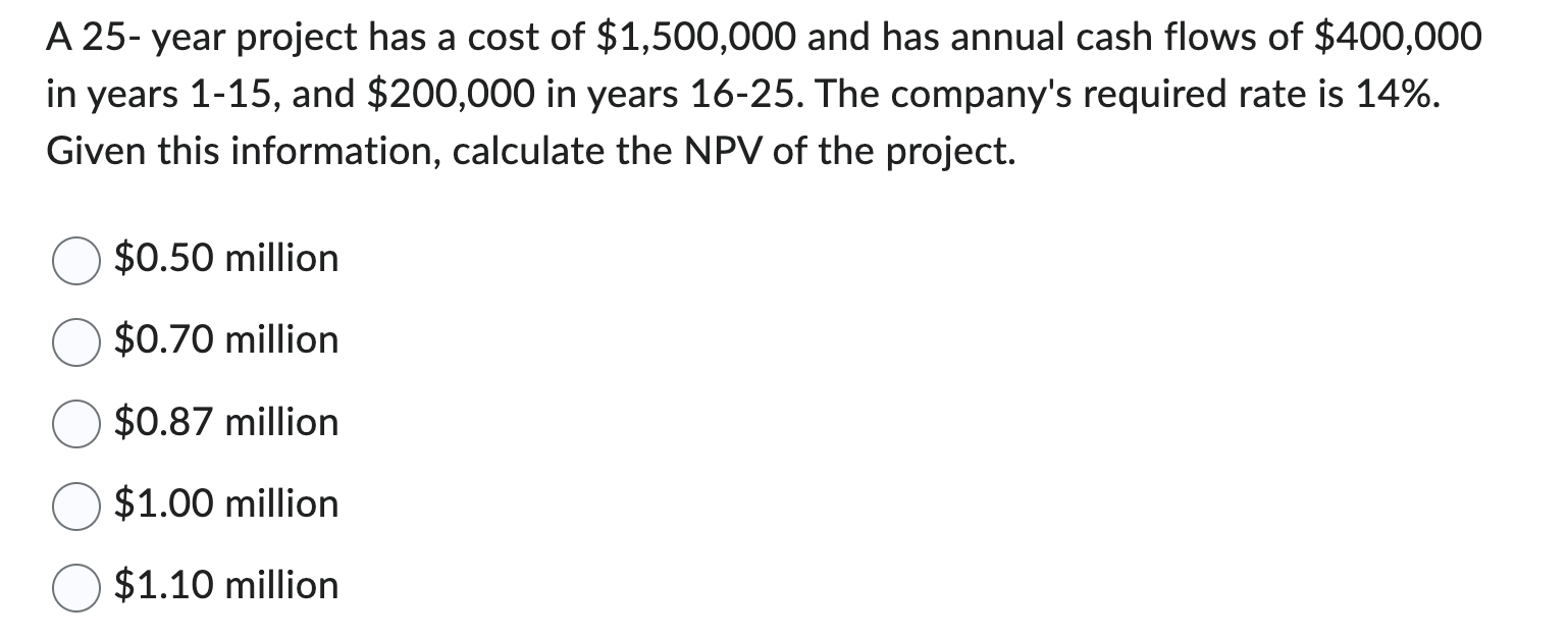 Solved A 25 - year project has a cost of $1,500,000 and has | Chegg.com