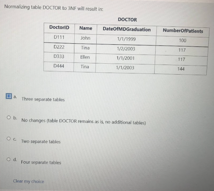 Solved Normalizing table DOCTOR to 3NF will result in: | Chegg.com
