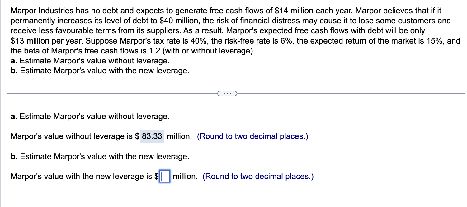 Solved Marpor Industries has no debt and expects to generate | Chegg.com