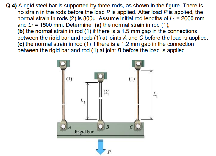 Solved Q.4) A rigid steel bar is supported by three rods, as | Chegg.com