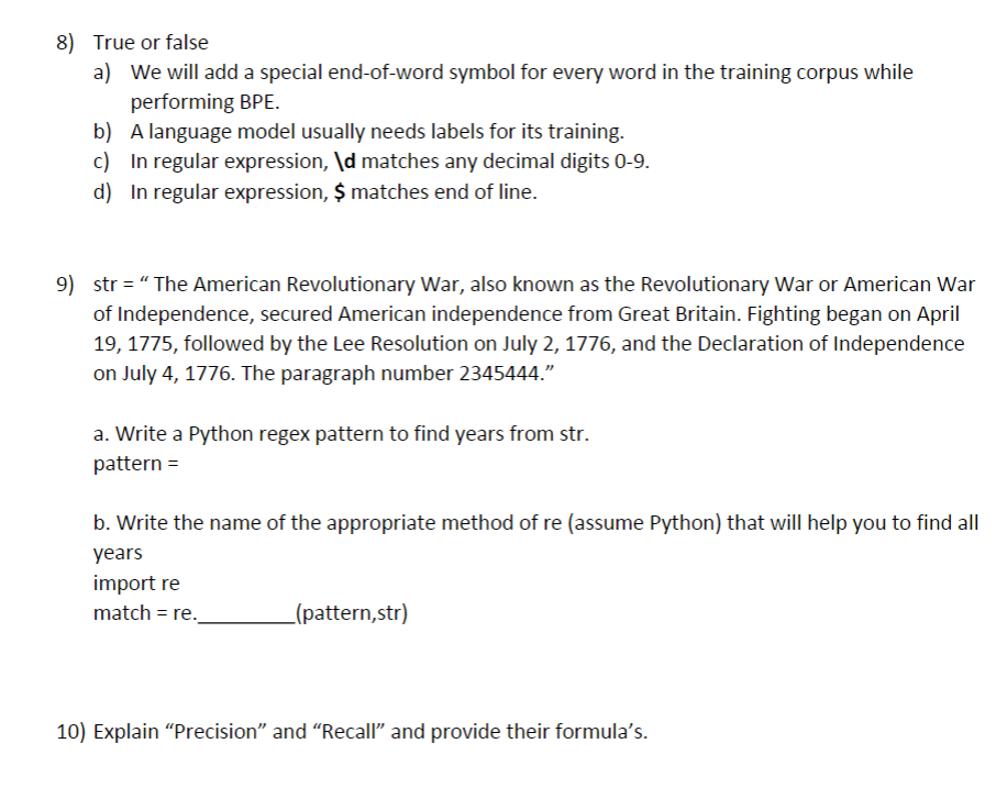 Solved 8) True or false a) We will add a special end-of-word | Chegg.com