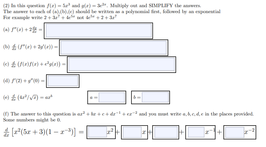 Solved (2) In this question f(x)=5x3 and g(x)=3e2x. Multiply | Chegg.com