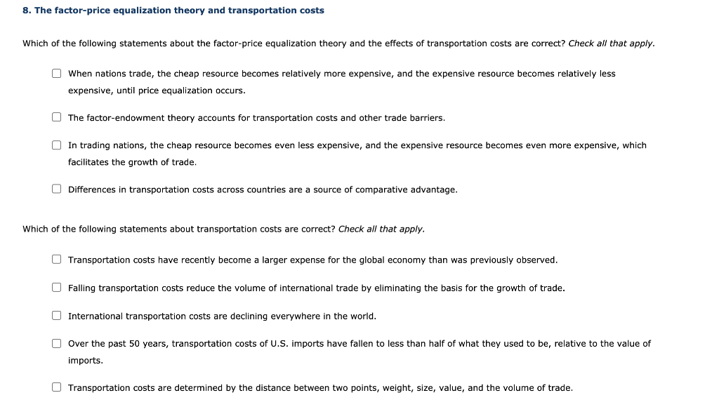 Solved 8. The factor-price equalization theory and | Chegg.com
