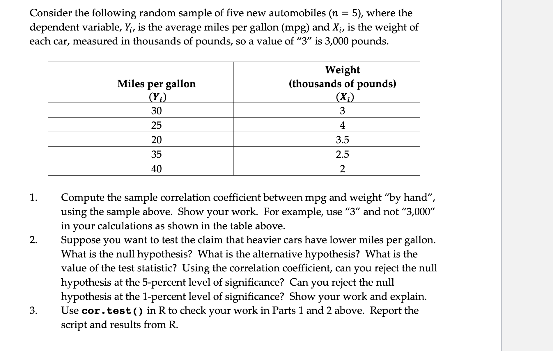 Solved Consider the following random sample of five new | Chegg.com
