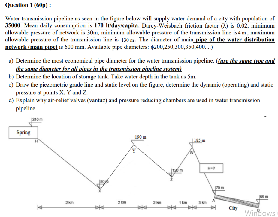Solved Question 1 (60p) : Water transmission pipeline as | Chegg.com