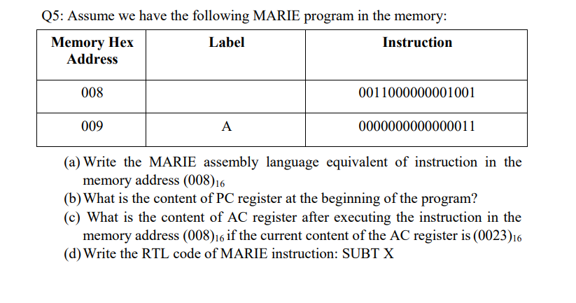 Solved Q5: Assume we have the following MARIE program in the | Chegg.com Solved Q5: Assume we have the following MARIE program in the | Chegg.com