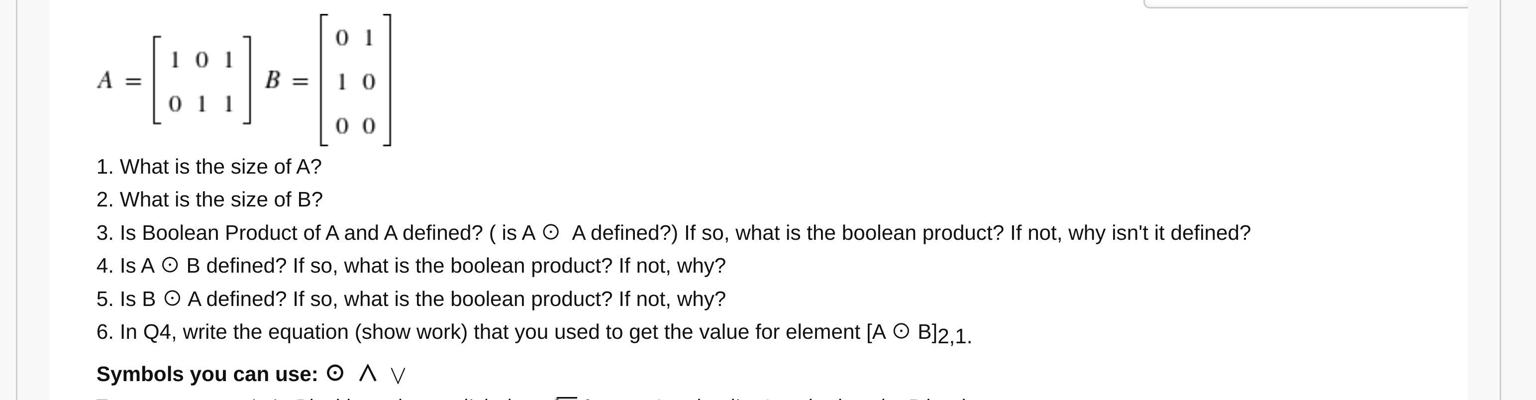 Solved 1 0 1 -01-09 A = B = 1. What is the size of A? 2. | Chegg.com