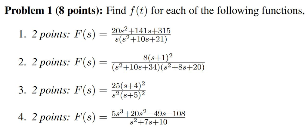 Solved Problem 1 (8 points): Find f (t) for each of the | Chegg.com