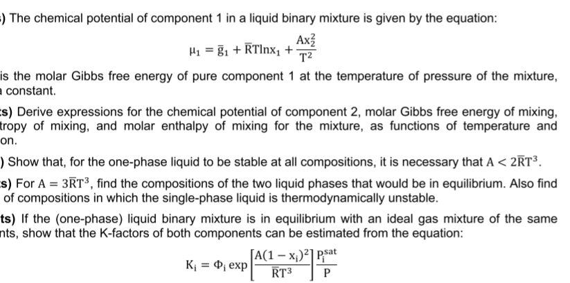 ) The chemical potential of component 1 in a liquid | Chegg.com