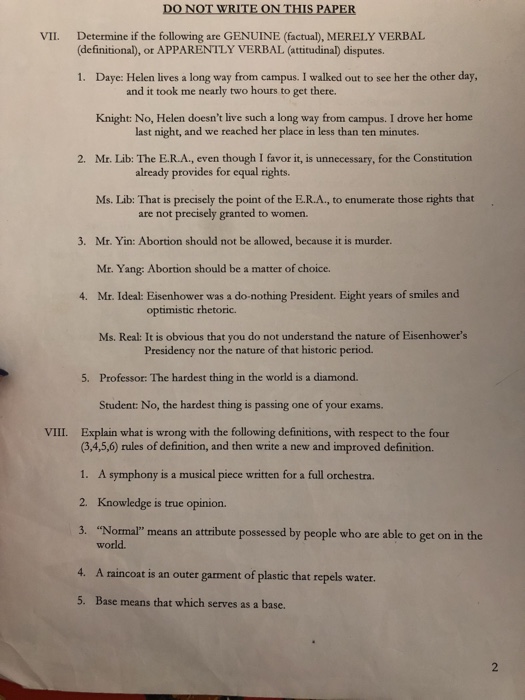 DO NOT WRITE ON THIS PAPER VII. Determine if the | Chegg.com