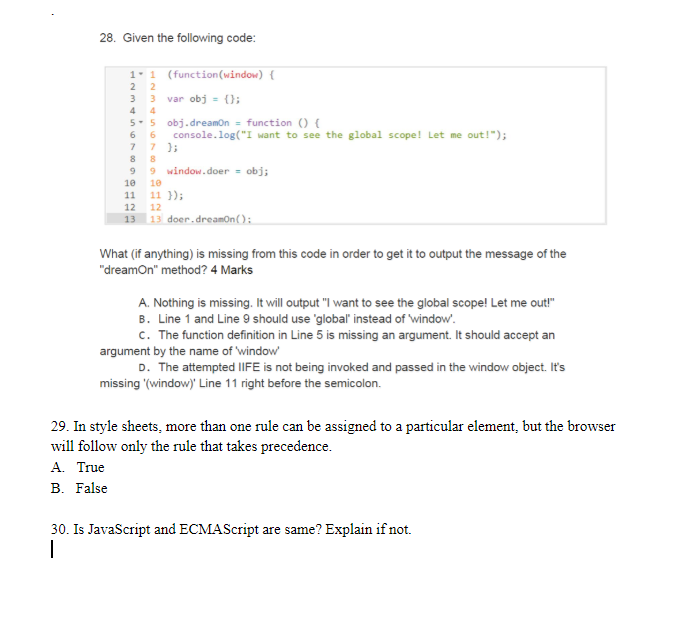 Solved 28. Given the following code 11 (function(window) 3 3 | Chegg.com