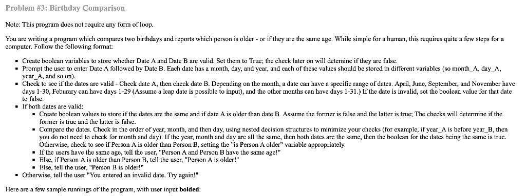 Solved Problem #3: Birthday Comparison Note: This program | Chegg.com