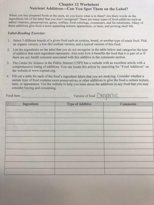 Chapter 12 Worksheet Nutrient Additives Can You Spot | Chegg.com