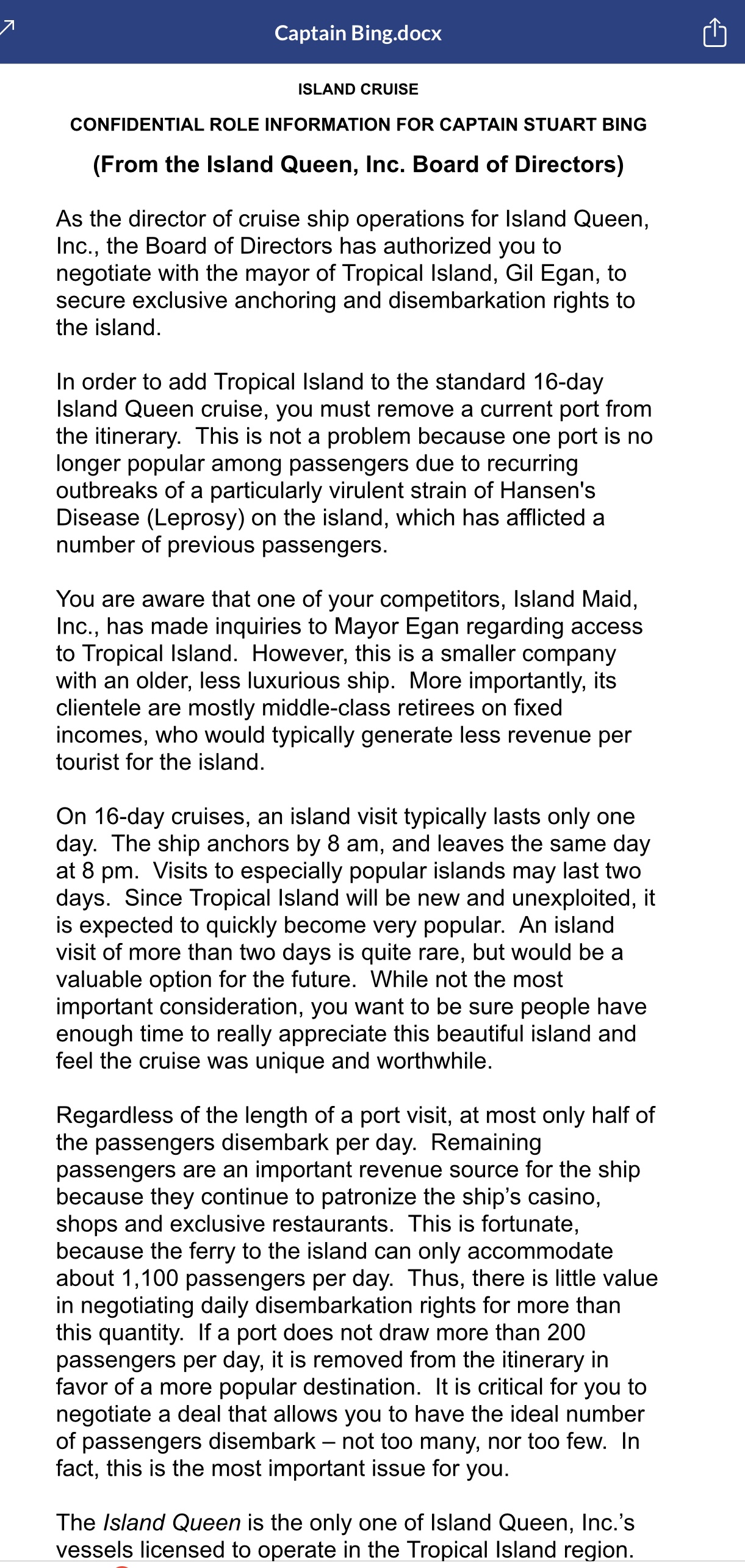 Captain Bing.docx ISLAND CRUISE CONFIDENTIAL ROLE | Chegg.com