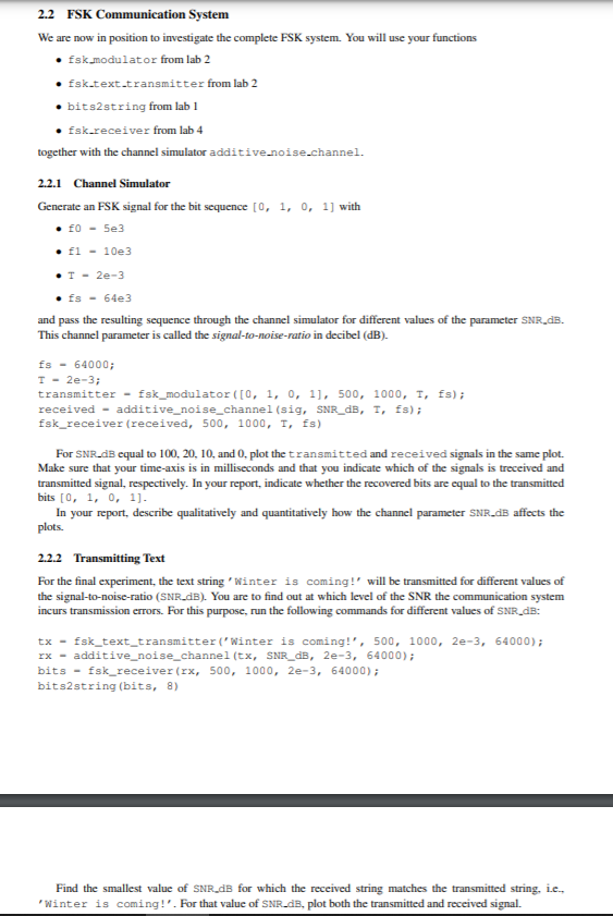 Solved 2.2 FSK Communication System We are now in position | Chegg.com