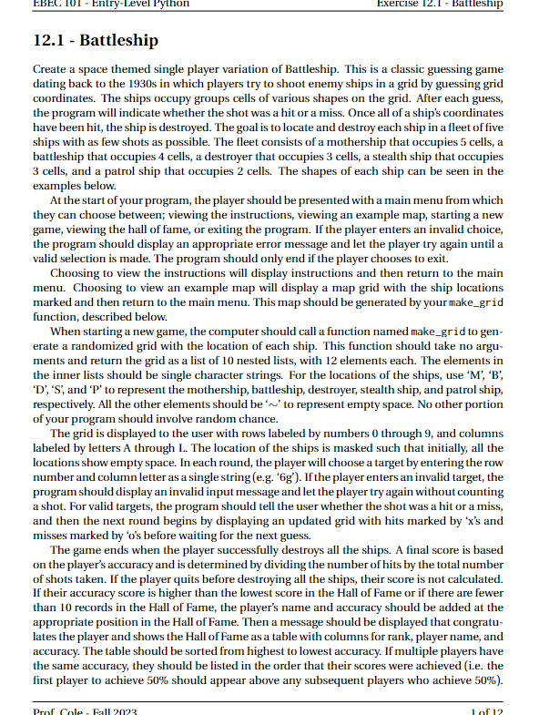 12.1 - Battleship Create a space themed single player | Chegg.com