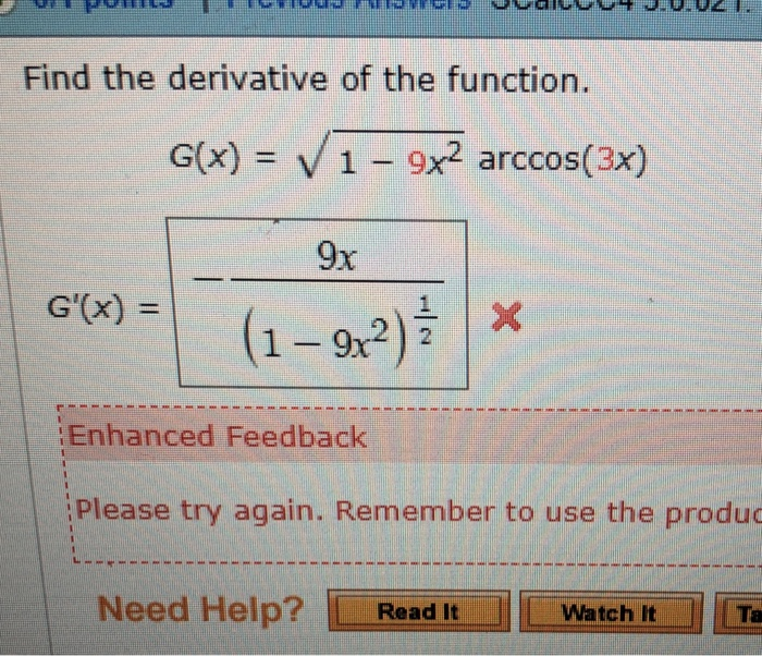 Solved Find The Derivative Of The Function G X V1 9x2