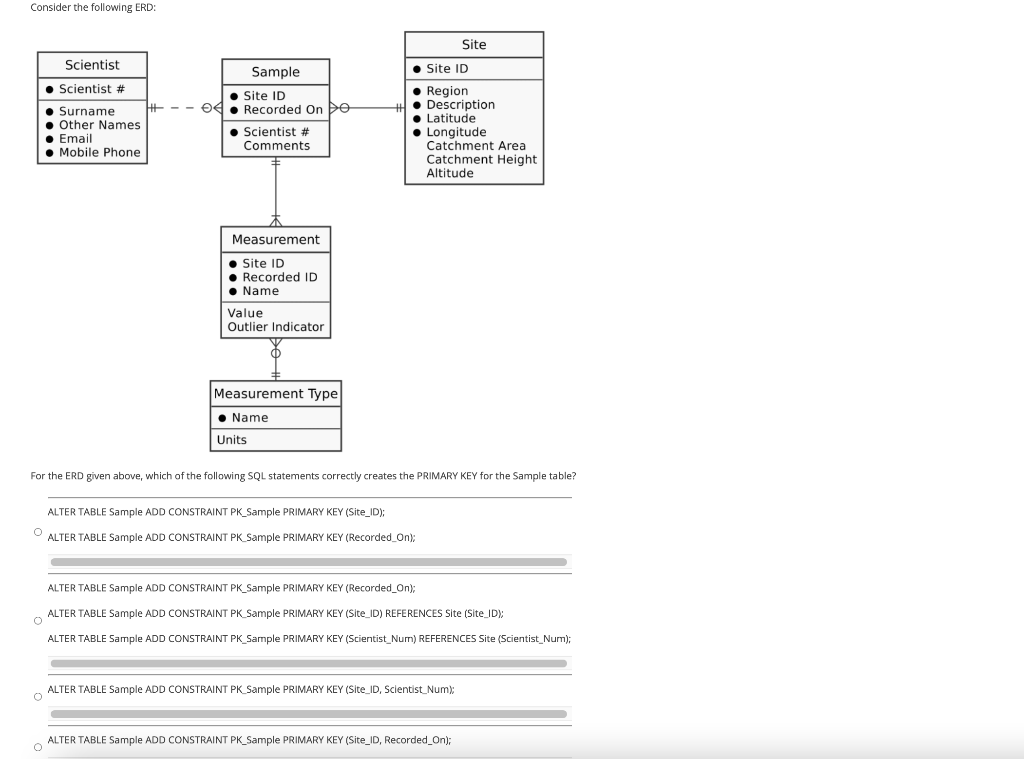 Solved Consider the following ERD: Site Scientist • | Chegg.com