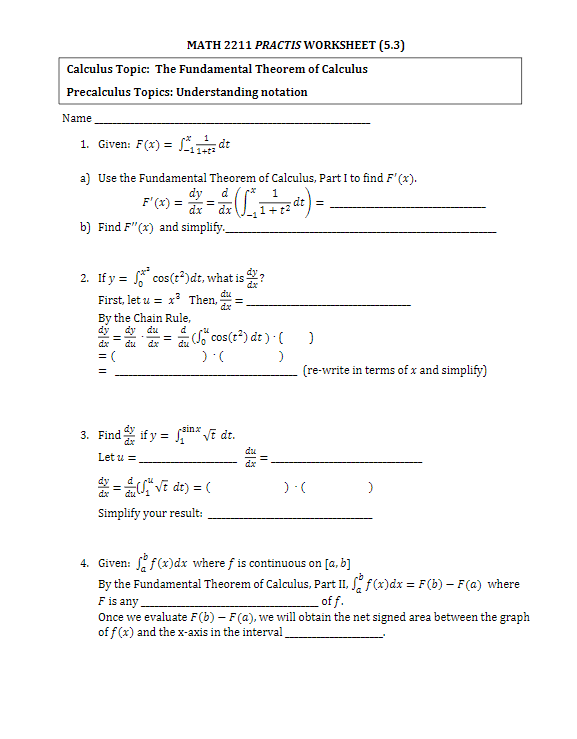 Solved MATH 2211 PRACTIS WORKSHEET (5.3) Calculus Topic: The | Chegg.com