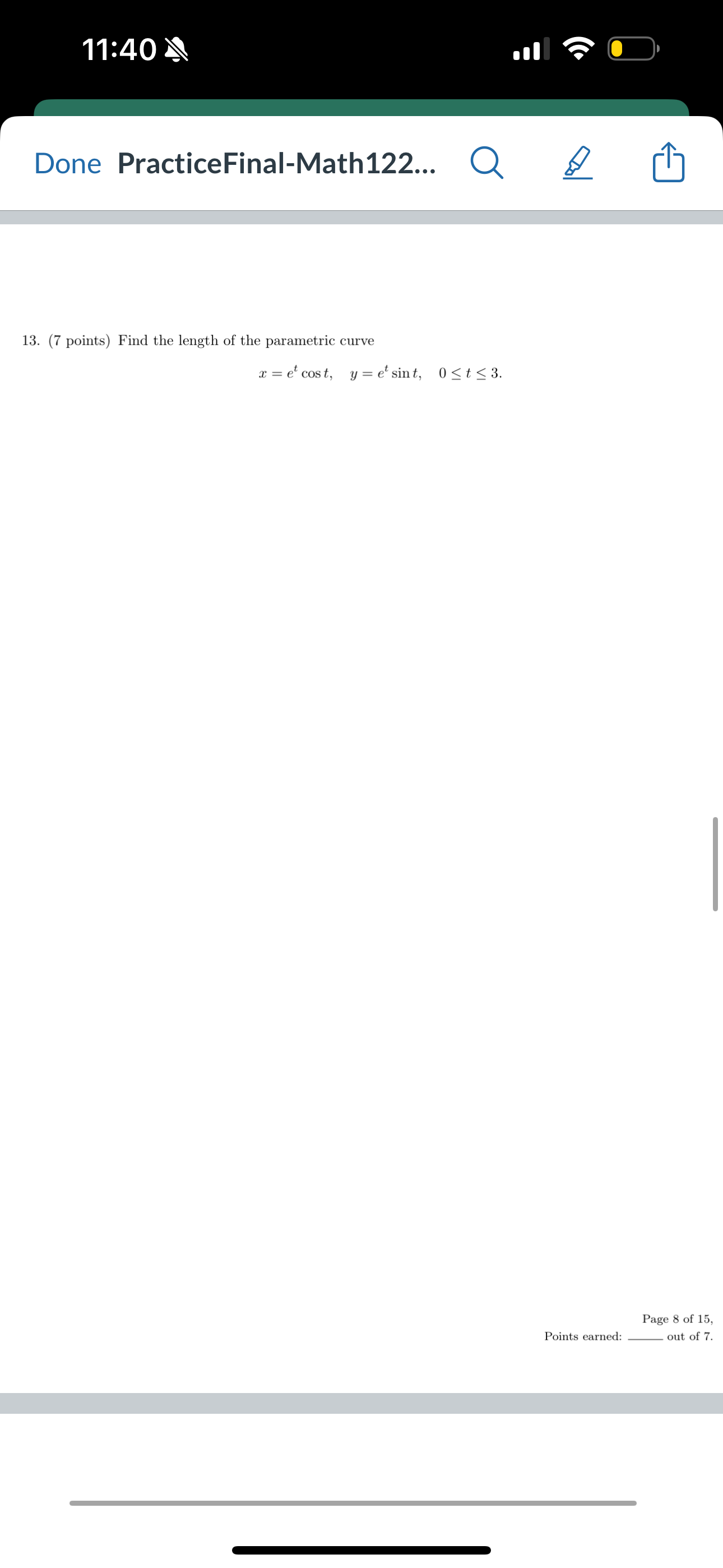 Solved 13. (7 points) Find the length of the parametric | Chegg.com