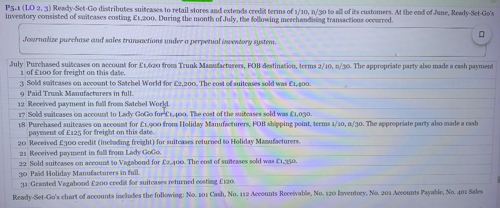 Solved P5.1 (LO 2,3) Ready-Set-Go distributes suitcases to | Chegg.com