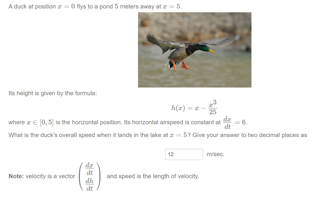 Solved A duck at position x = 0 flys to a pond 5 meters away | Chegg.com