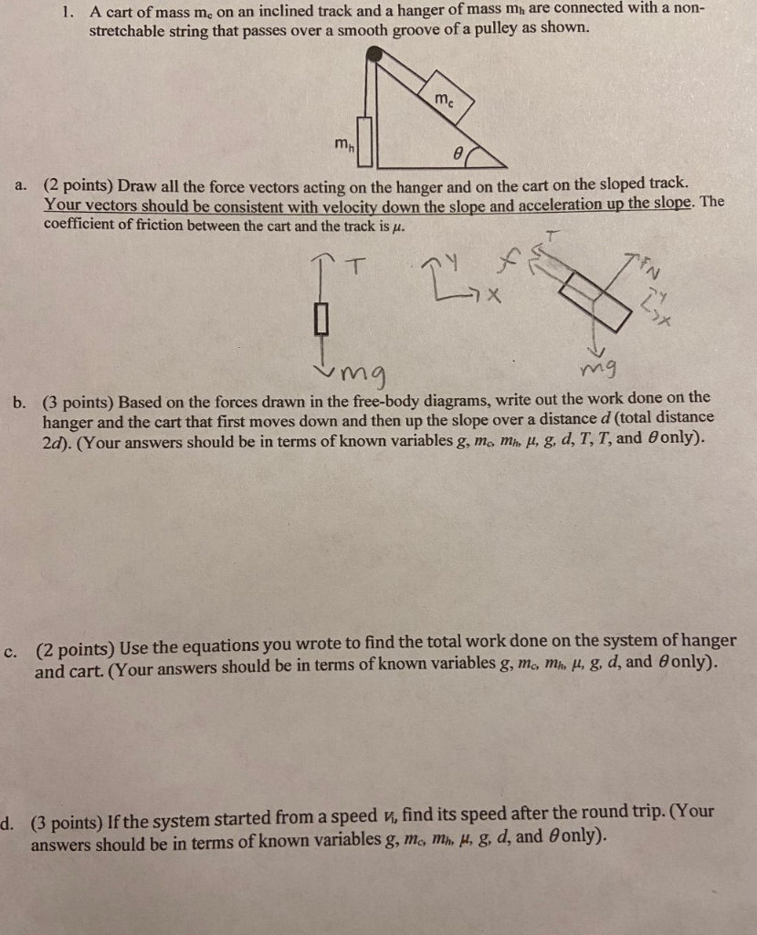 Solved 1. A cart of mass m, on an inclined track and a | Chegg.com