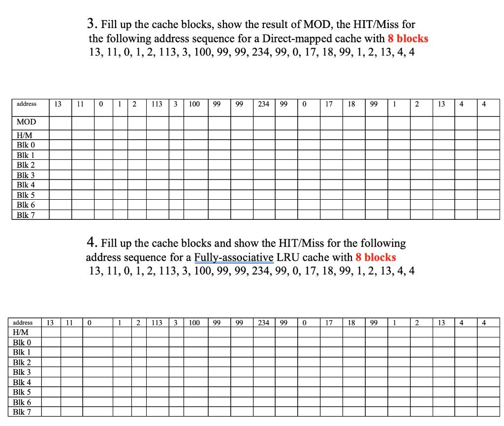 Solved 3. Fill up the cache blocks, show the result of MOD, | Chegg.com