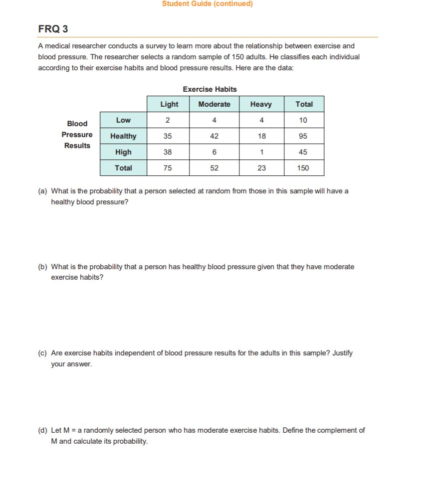 Solved Student Guide (continued) FRQ 3 A medical researcher | Chegg.com