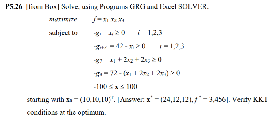 P5.26 [from Box] Solve, using Programs GRG and Excel | Chegg.com