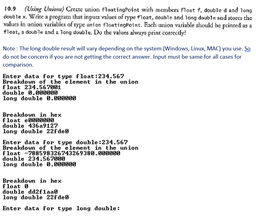 Solved 10.9 (Using Unions) Create union floatingPoint with | Chegg.com