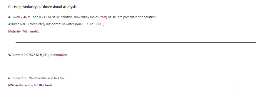 Solved B. Using Molarity in Dimensional Analysis 4. Given | Chegg.com