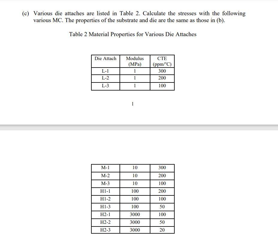 (c) Various die attaches are listed in Table 2. | Chegg.com