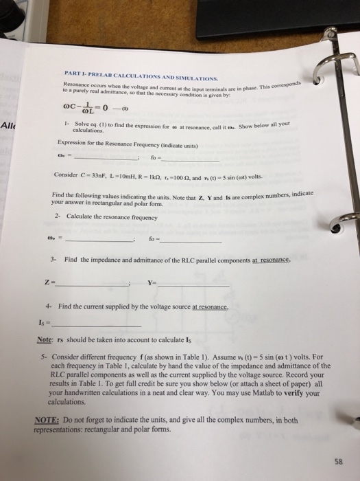 Solved PARTI- PRELAB CALCULATIONS AND SIMULATIONS Resonance | Chegg.com
